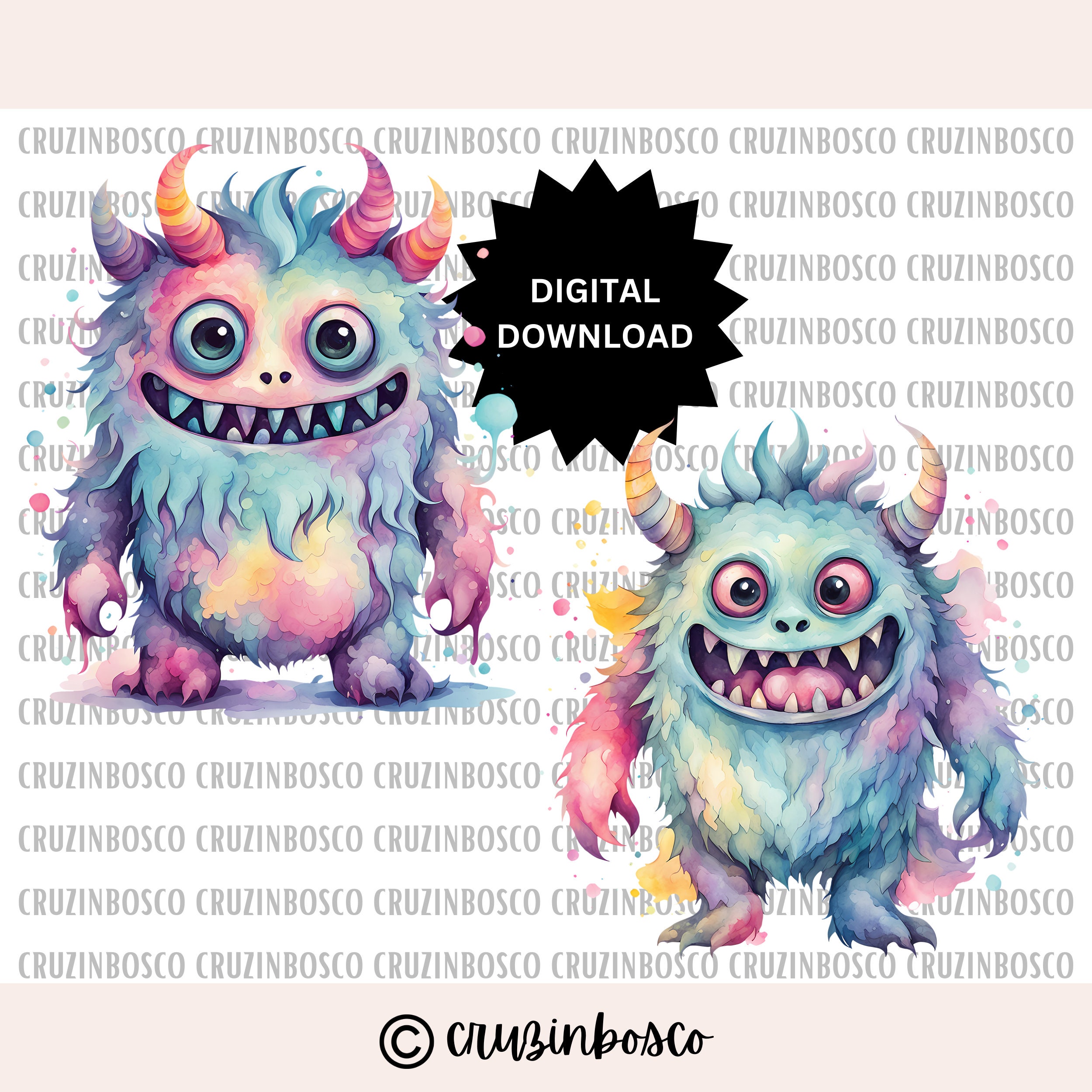 Watercolor Pastel Monsters Clipart Bundle, Adorable Scary Creature Set ...