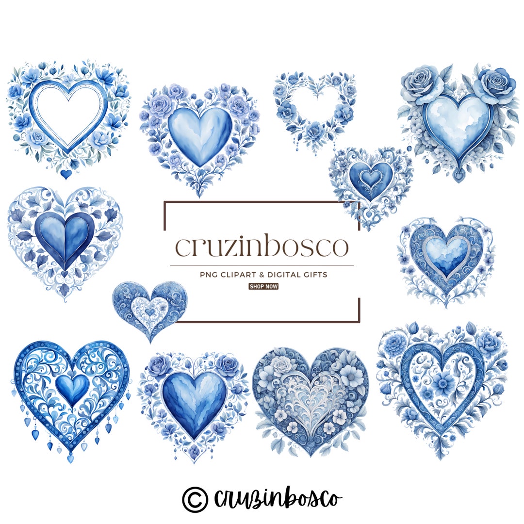 Watercolor Blue Hearts Clipart Collection, Valentine Bundle, High ...