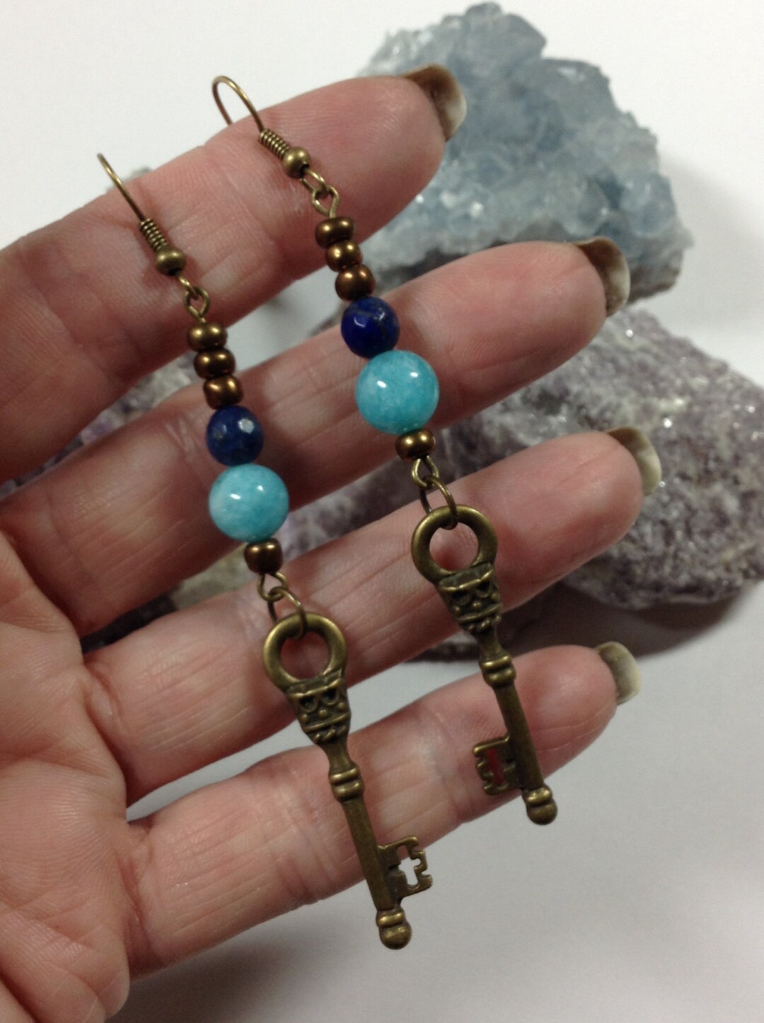 Pendientes Aquamarine Lapis Key Charm - Etsy España