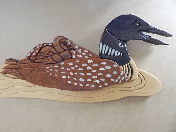 Loon with Baby Wood Intarsia Wall hanging Handcrafted Scroll
