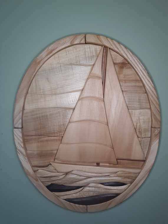 Sailboat on water Wood Intarsia Wall Hanging Scroll Saw Art | Etsy
