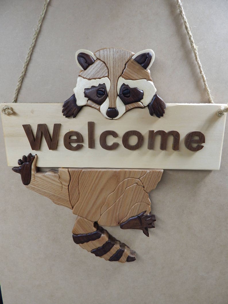 Raccoon Sign Wood Intarsia Wall hanging Handcrafted Scroll | Etsy