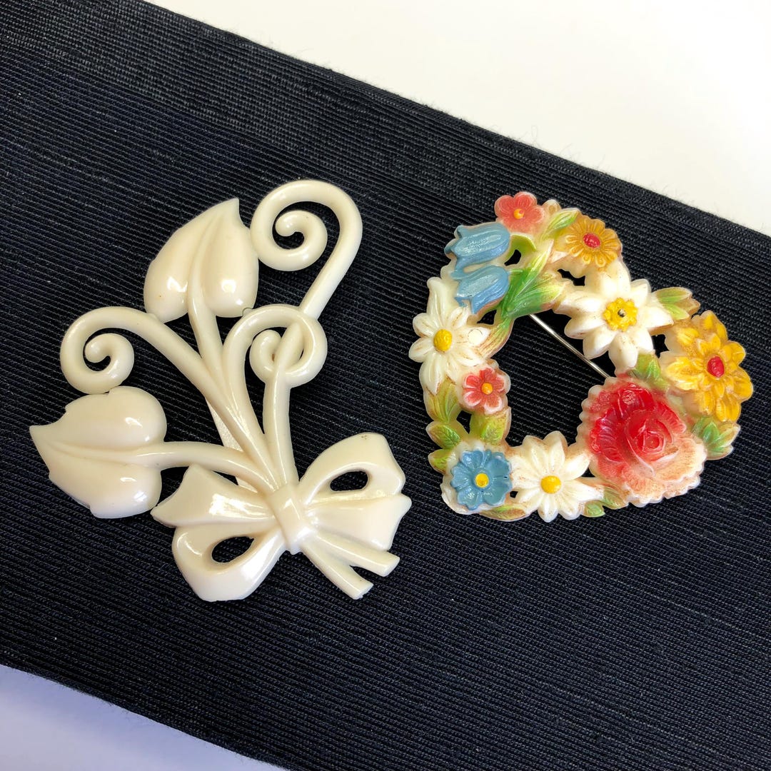 Two Vintage Plastic Brooches - Floral Heart and White Heart Bouquet # ...