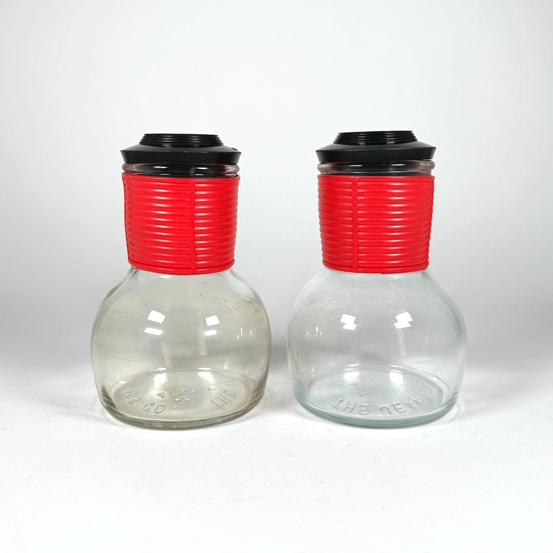 Vintage Jeanette Glass Company Hottle Carafe Red Collar Black Lid J ...