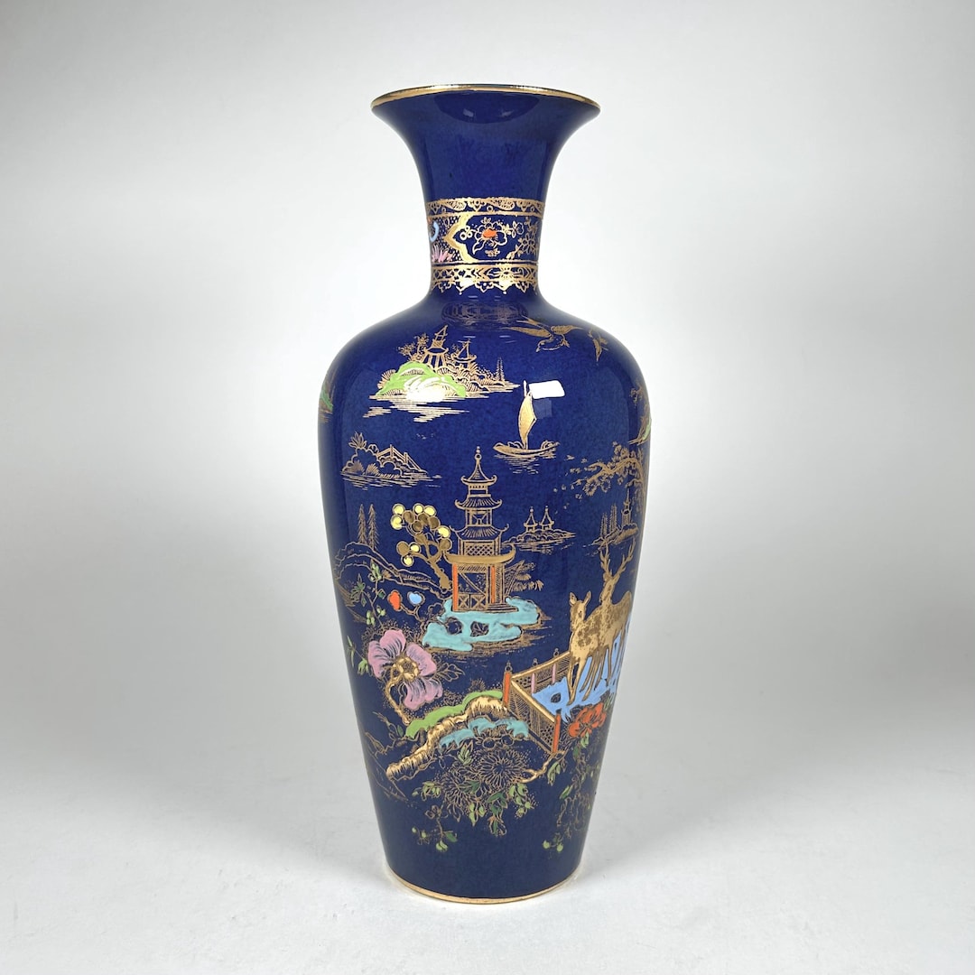 Art Deco Cobalt Blue Vase: Wilton Ware Gilt Gold Deer Pagoda Scene - Etsy