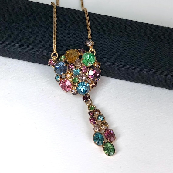 Vintage Multi-colored Rhinestone Pendant Drop Necklace - Gem