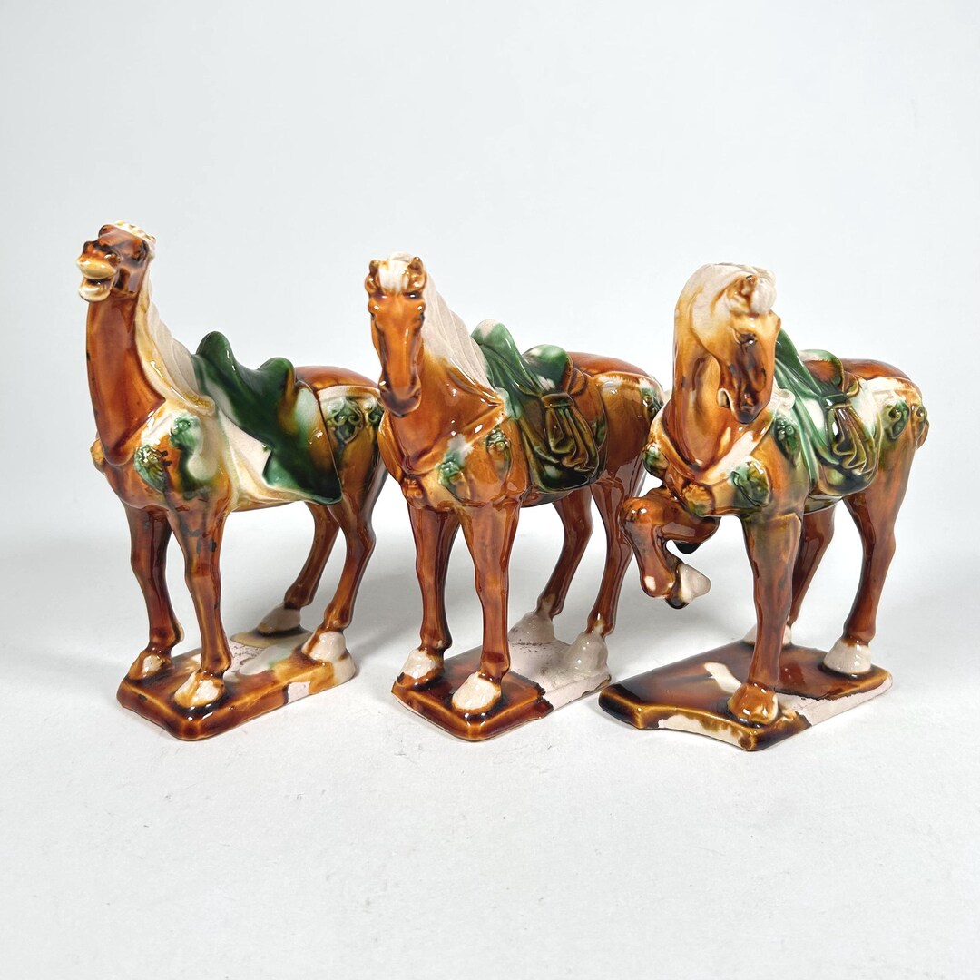 Set of Reproduction Tang Dynasty War Horses With Three Color Glaze 5 1/ ...