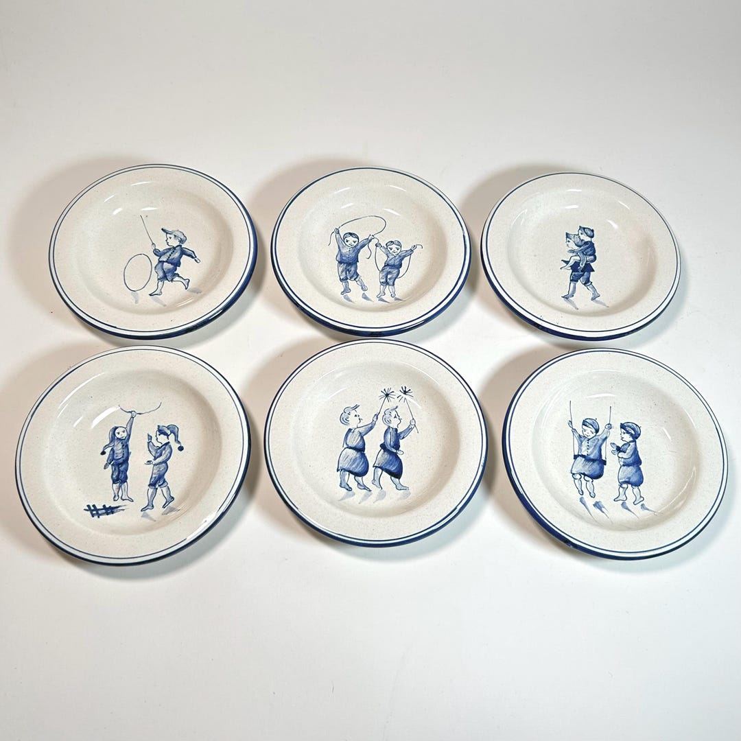 Hand-painted Decorative Plates of Kid's Playing - Blue and White - Set ...