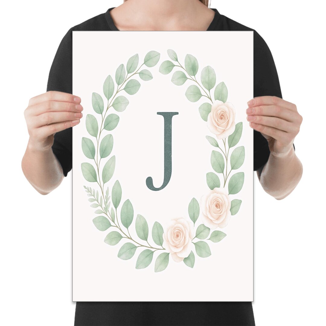 Letter J Botanical Wreath Print: Pastel Green Monogram - Glossy Finish ...
