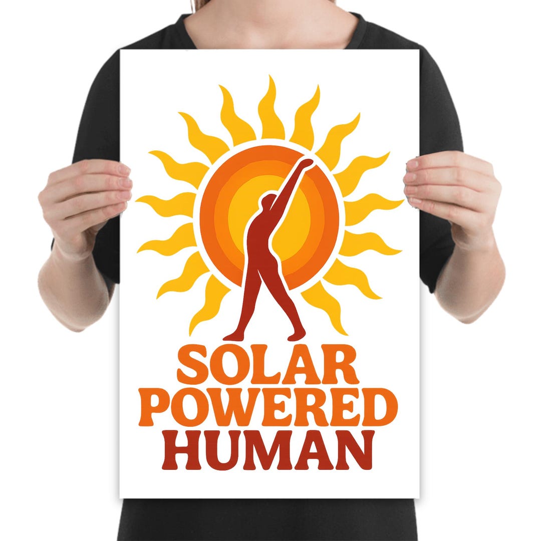 Solar Powered Human Poster, Retro Sunburst Wall Art, Eco Lifestyle Home ...
