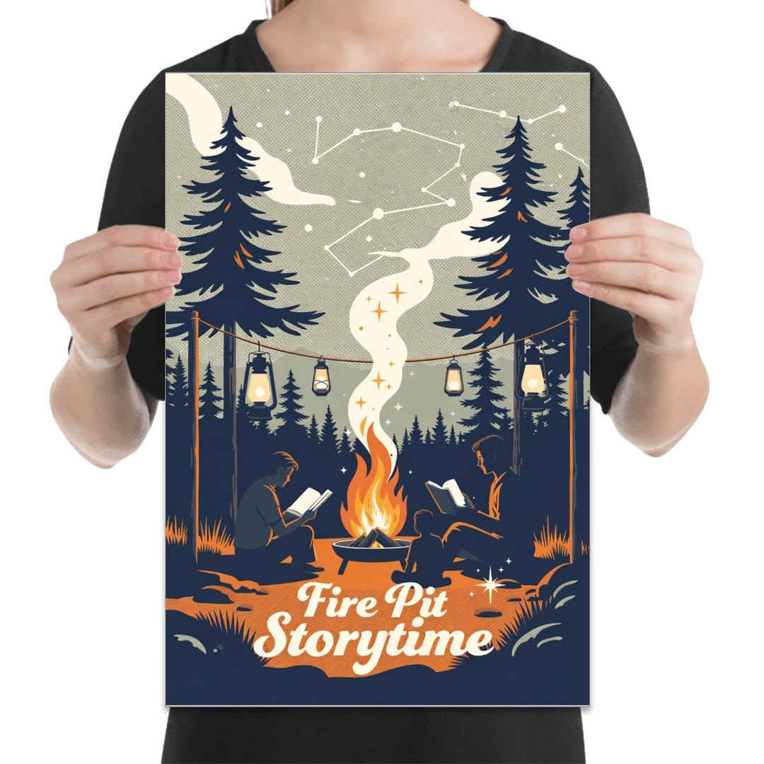 Fire Pit Storytime Poster: Vintage Camping Wall Art, Personalized Text ...