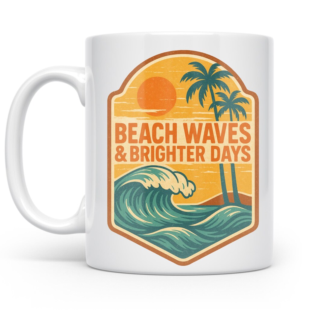 Beach Waves Mug: Retro Surf Art, Palm Trees and Ocean Waves - Ceramic ...