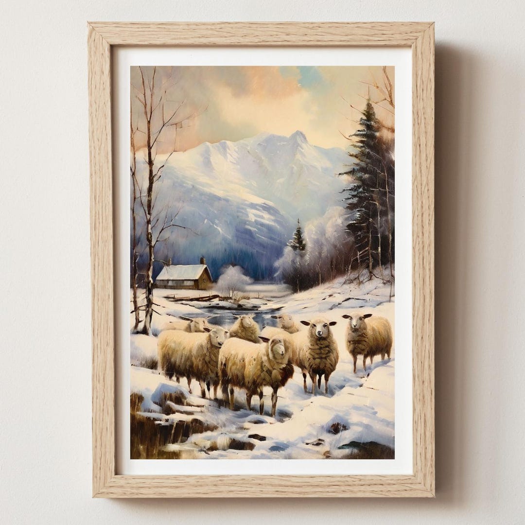 Sheep Painting in Snow | Farm Animal Print |winter Landscape | Farm ...