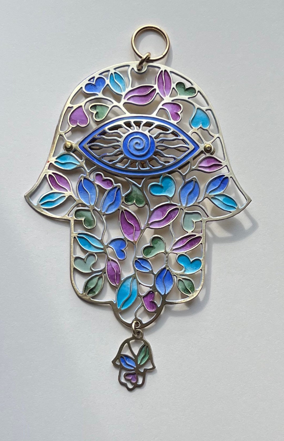 Hamsa With Purple and Blue Leaves and Hearts | Hand-made Hamsa | Wall ...