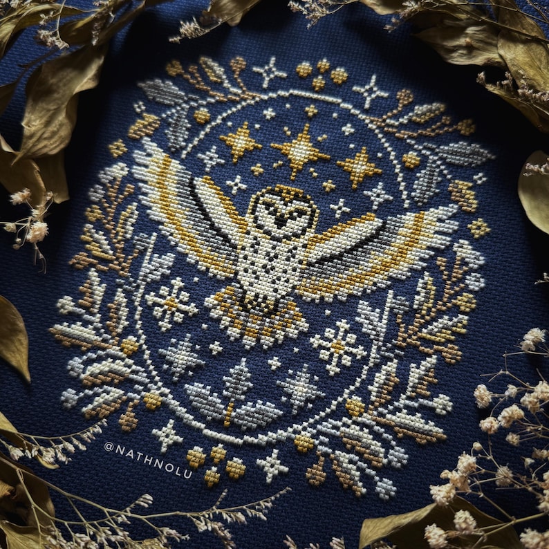 Barn Owl Cross Stitch Pattern, Winter Woodland Bird and Starry Night ...
