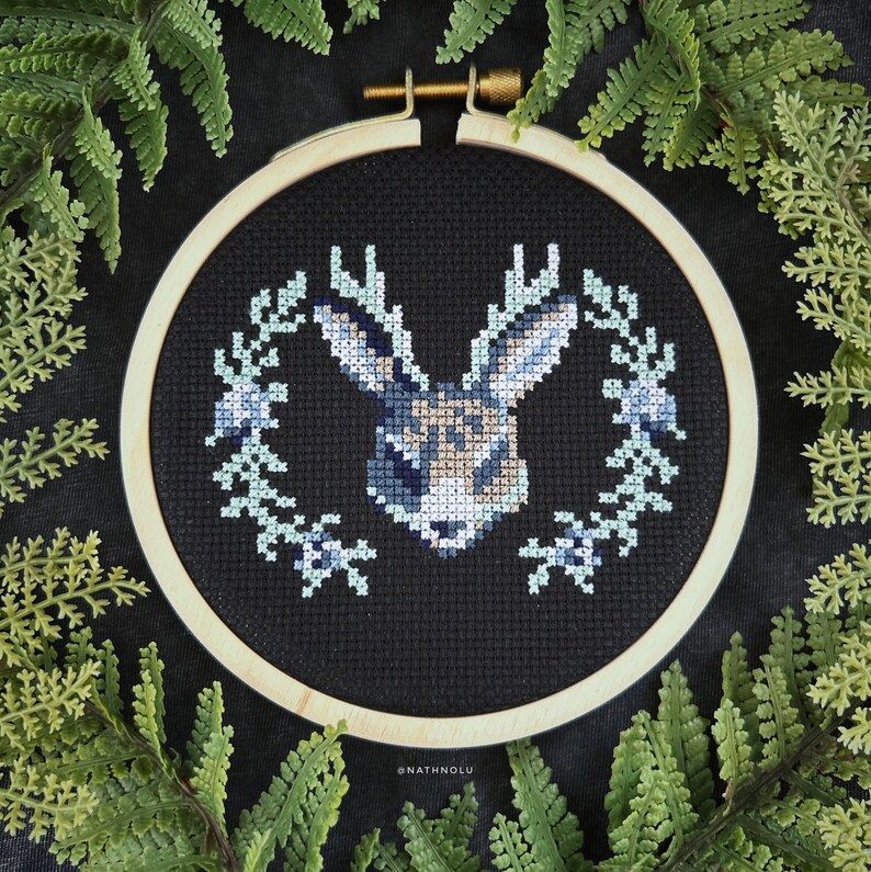Jackalope Cross Stitch Pattern PDF - Mystical Horned Hare With Plant ...