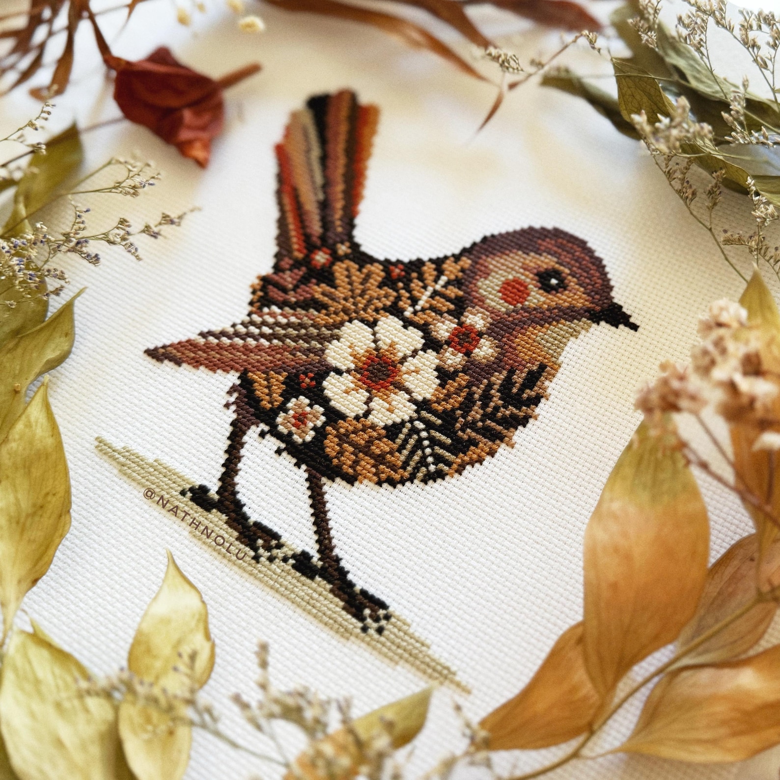 Flower Autumn Bird Cross Stitch Pattern: Floral Songbird Embroidery ...