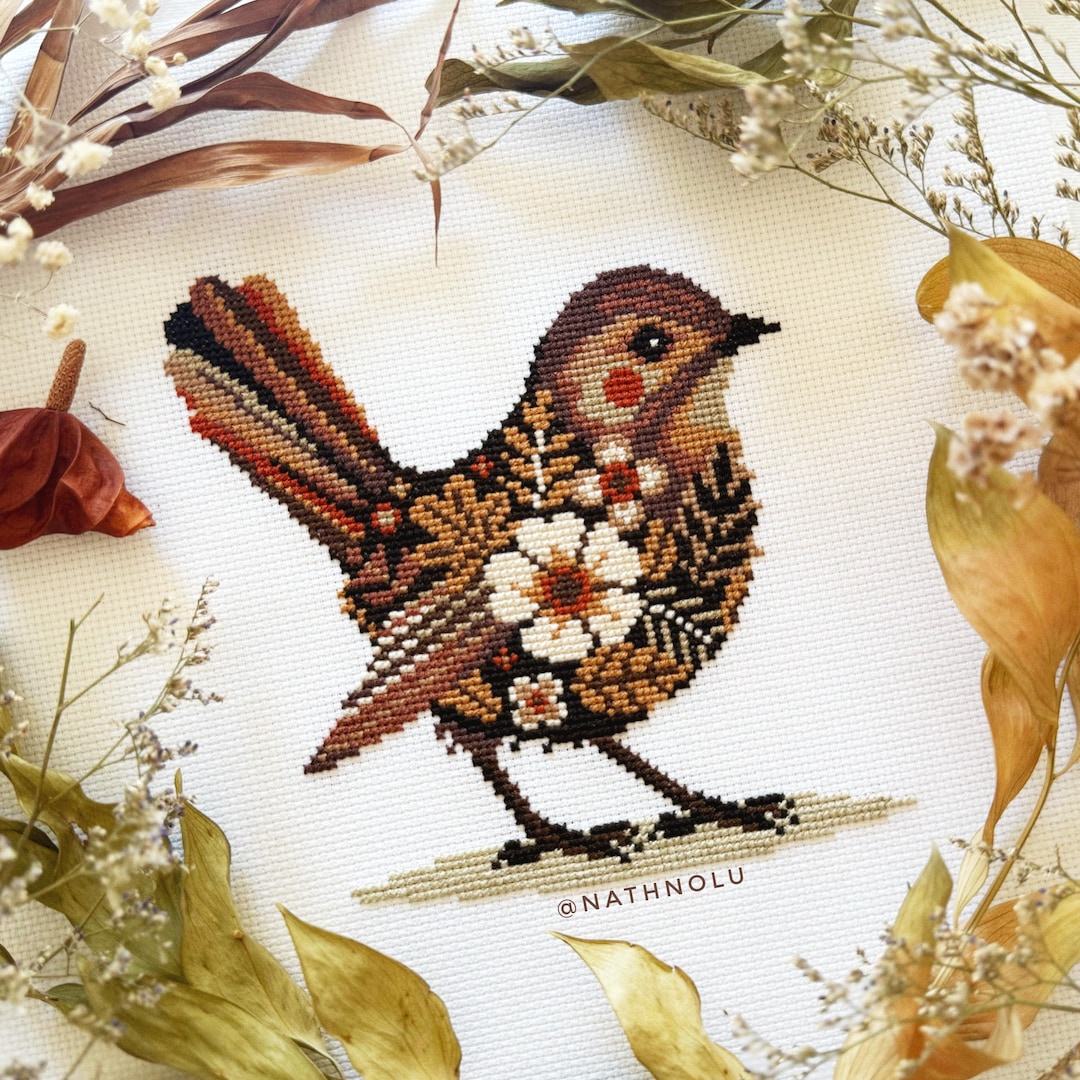Flower Autumn Bird Cross Stitch Pattern: Floral Songbird Embroidery ...