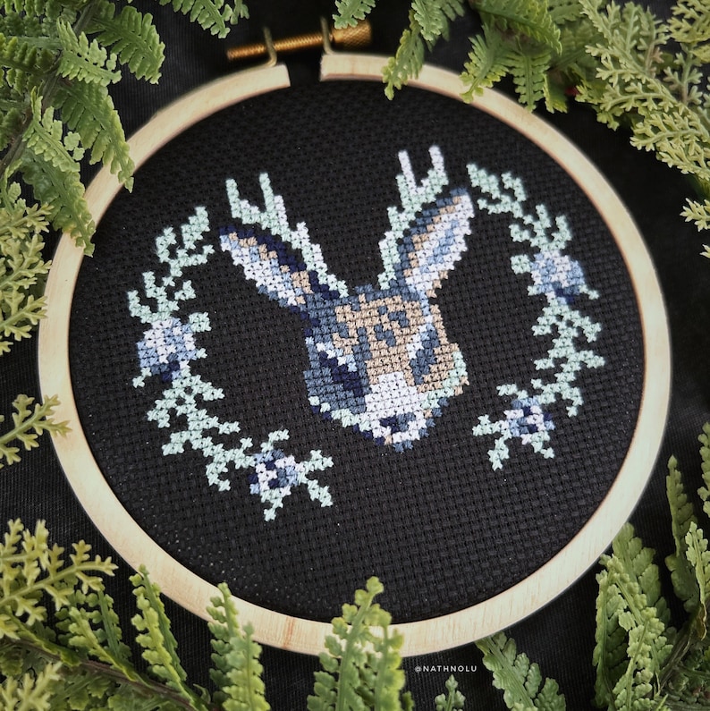 Jackalope Cross Stitch Pattern PDF - Mystical Horned Hare With Plant Ornaments Embroidery Design ...