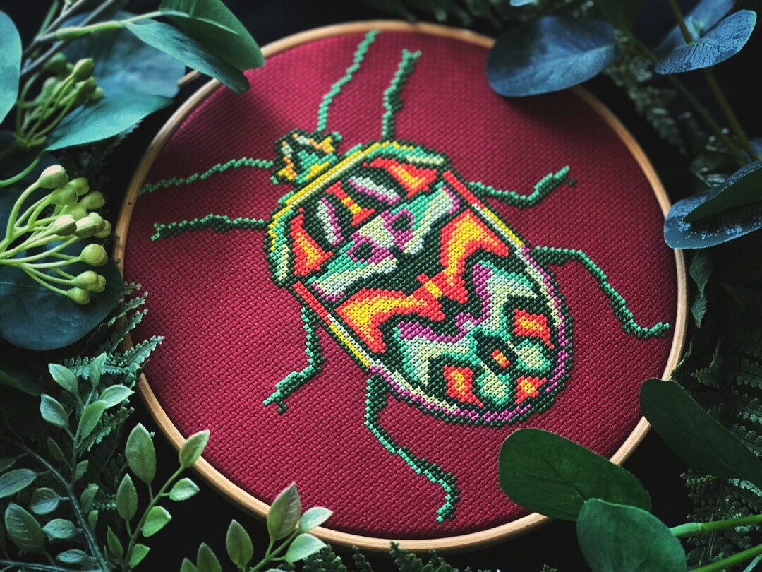 Green Neon Bug Cross Stitch Pattern PDF, Colorful Geometric Beetle ...