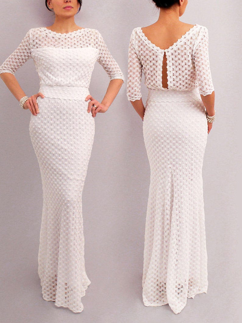 Elegant White Wedding Dress, Open-back, Retro, Long Sleeve, Bodycon ...
