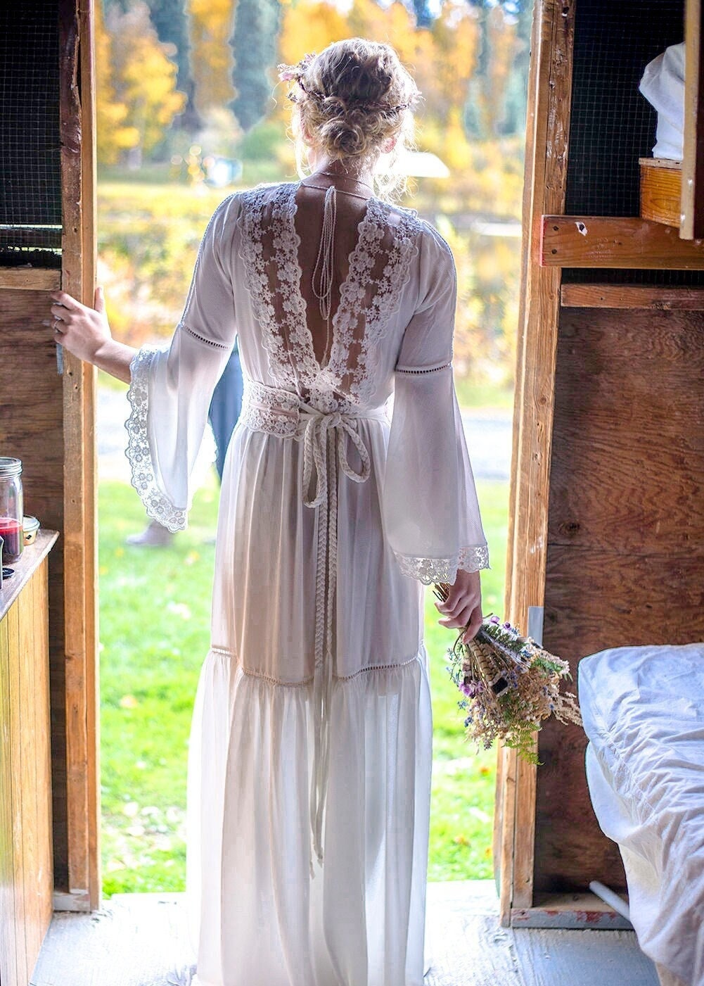 Rustic Wedding Dress Bell Sleeves Boho Wedding Dress Long - Etsy