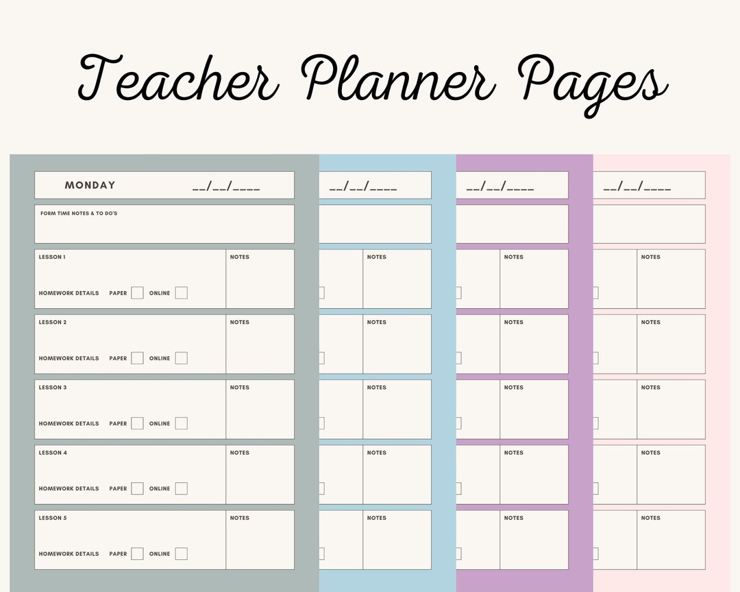 Simple Teacher Planner Monday Friday 5 Lessons per Day All 5 Colours ...