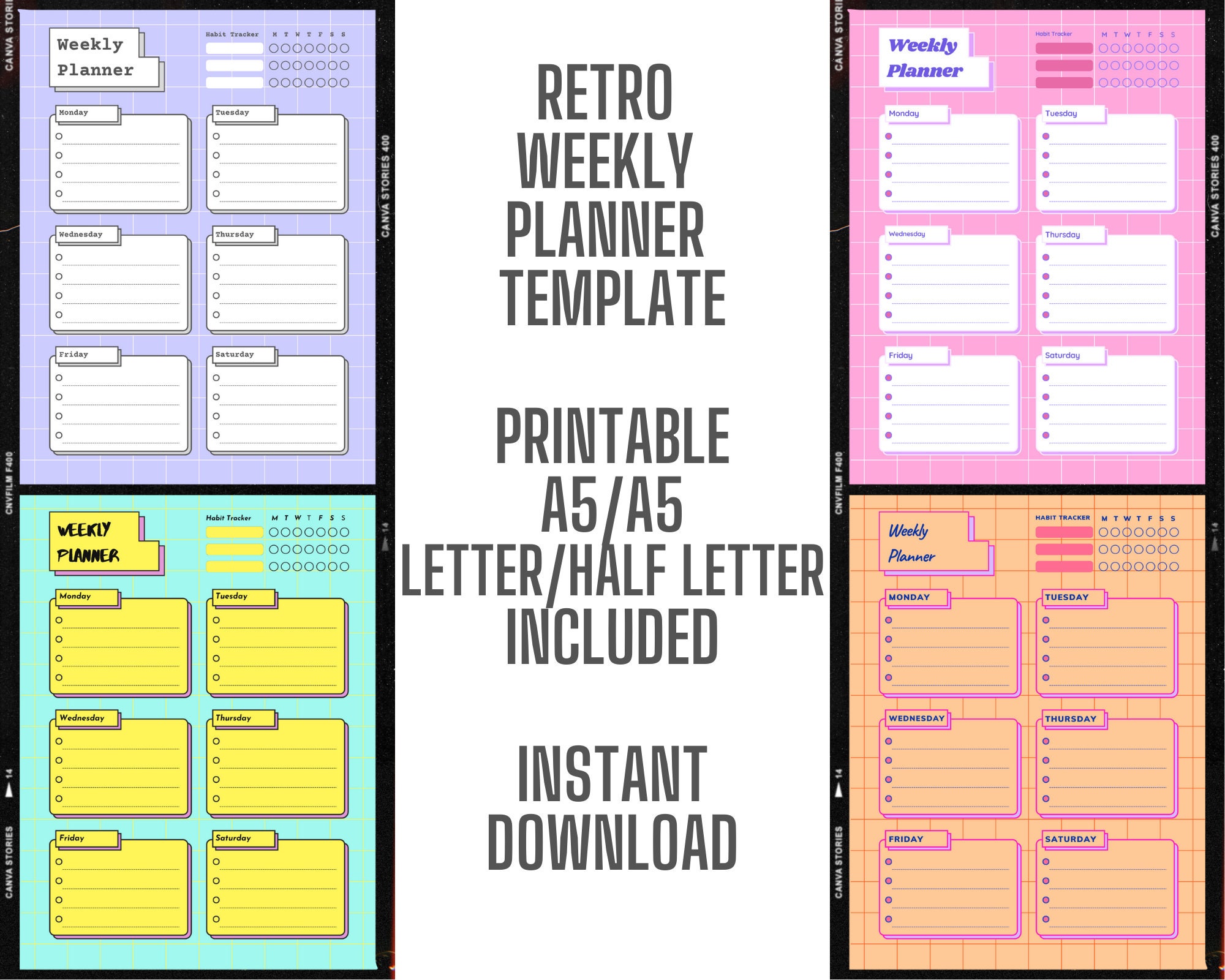 Weekly Planner Printable Retro 80s Style Turquoise, Peach, Lilac and ...