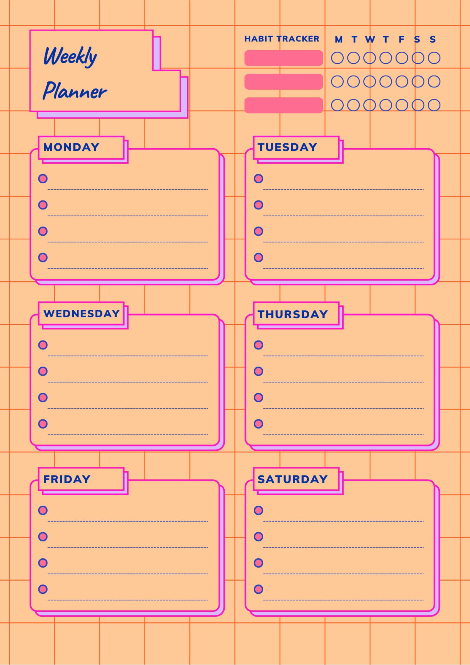 Weekly Planner Printable Retro 80s Style Turquoise, Peach, Lilac and ...