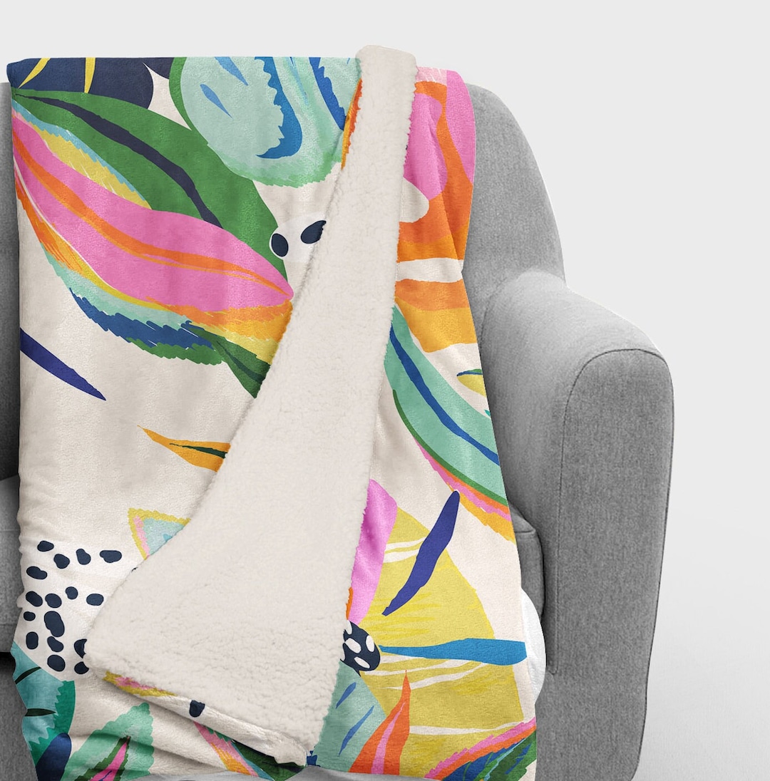 Colorful Maximalist Botanical Sherpa Throw Blanket - Boho Blanket ...