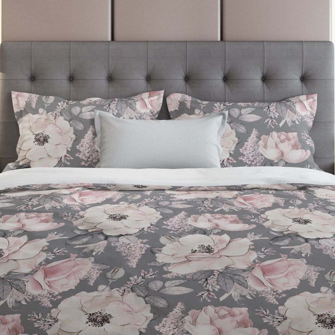 Grey and Pink Watercolor Floral Bedding - Etsy