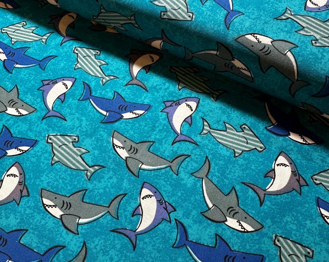 Packed Sharks on Turquoise Blue. 100% Cotton Fabric Quilting by the ...