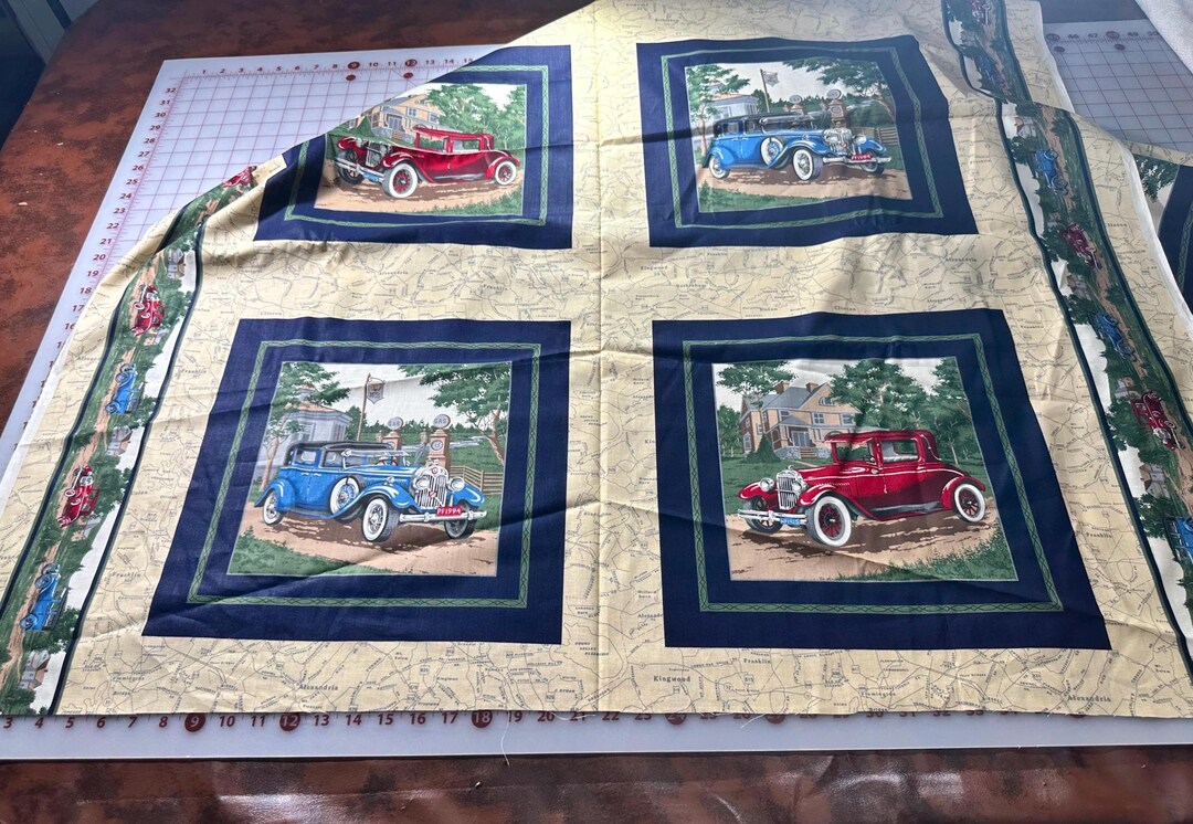 Vintage Cars Cheater Quillow 12 Uncut Panels Classic Automobiles Man ...