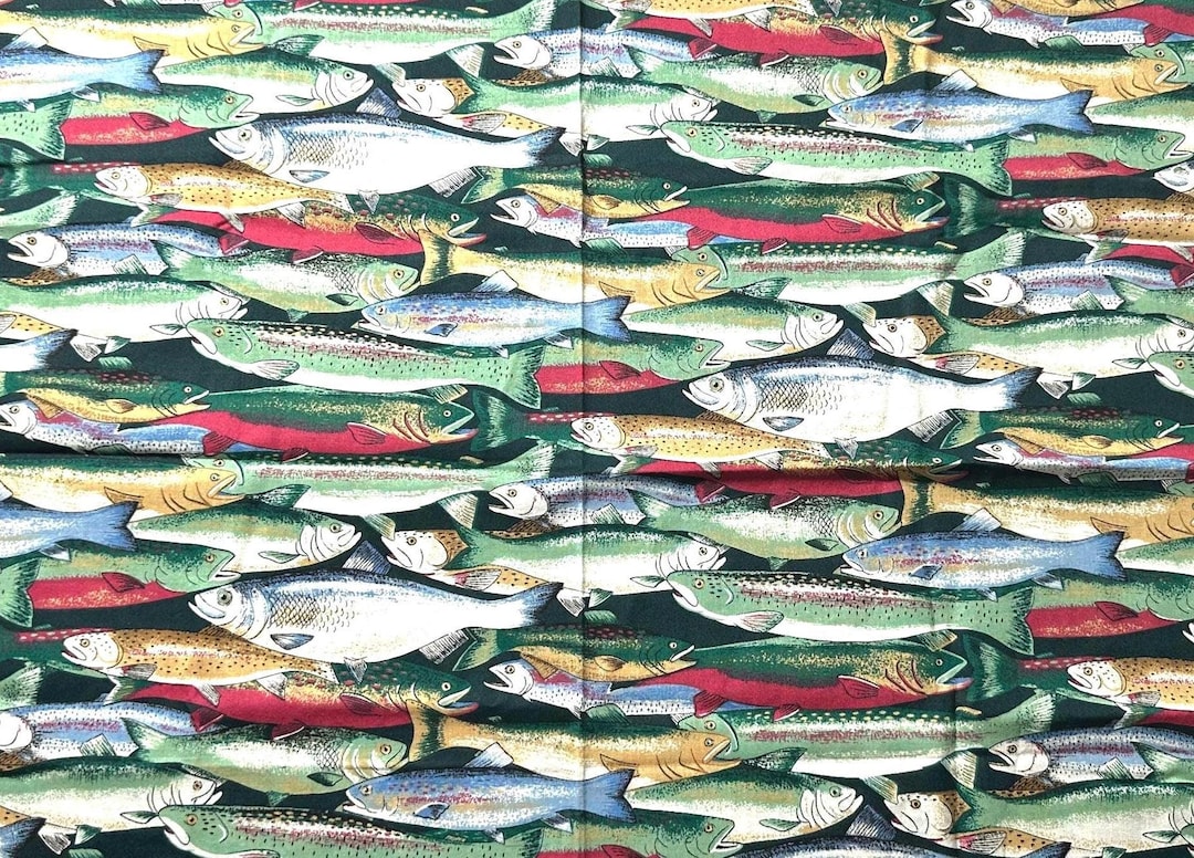 Trout Fisherman Fish Rainbow Steelhead Green Black Red. 1993 Fabric ...