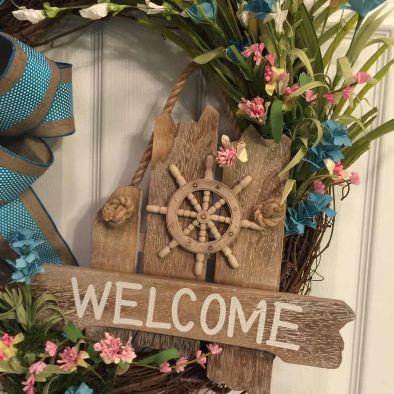Natical Welcome Grapevine Wreath, Turquoise and Burlap Bow, Pink and ...