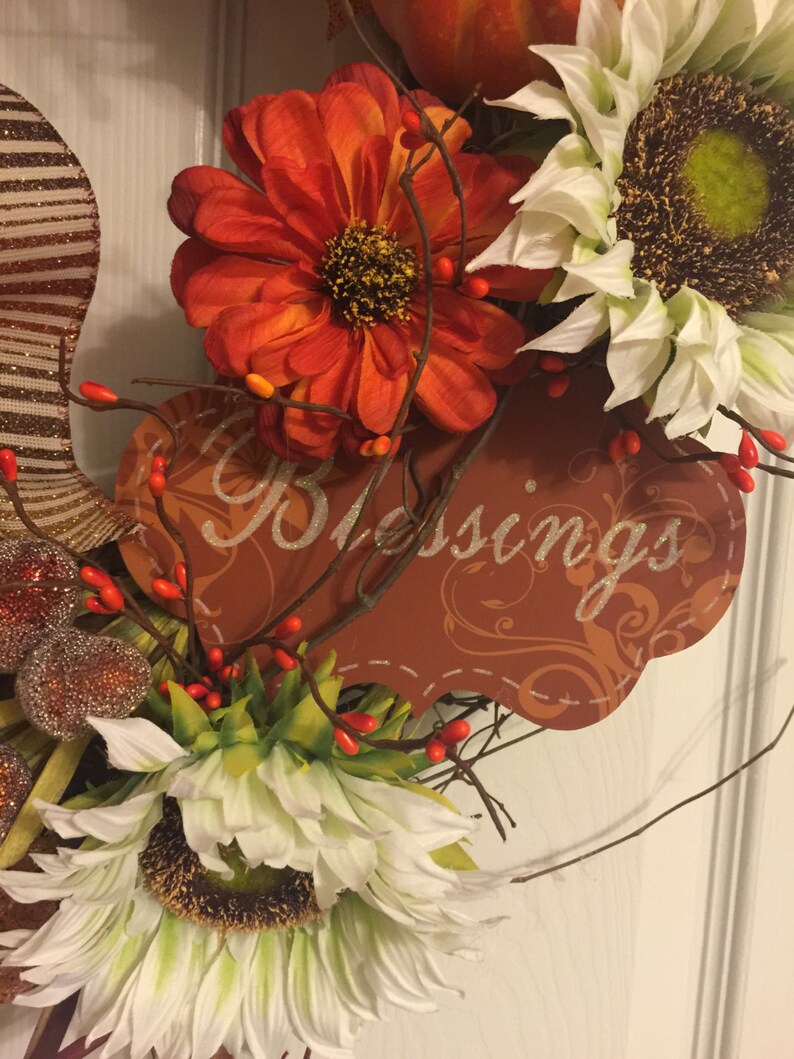 Beautiful Fall Wreath, "blessings" Sign, Sunflowers, Zinnias, Fall ...