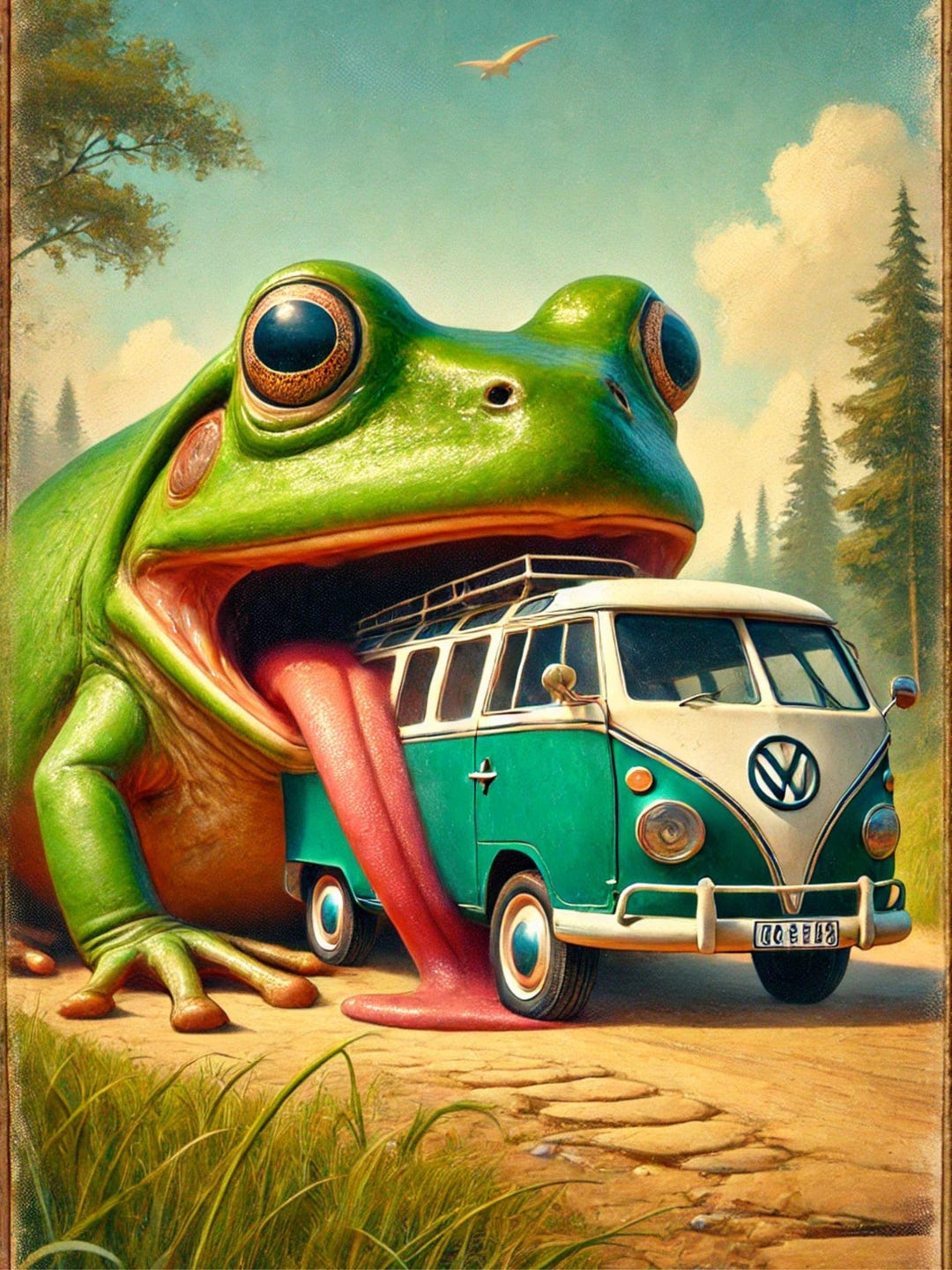 Surrealist Frog Artwork – Funny Fat Frog Eating VW Bus | Digital Oil ...