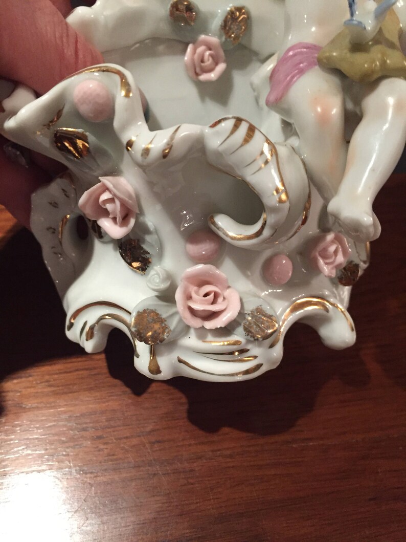 Vintage Porcelain Painted Cherub Pot / Bone China Angel Figurine / Bone ...