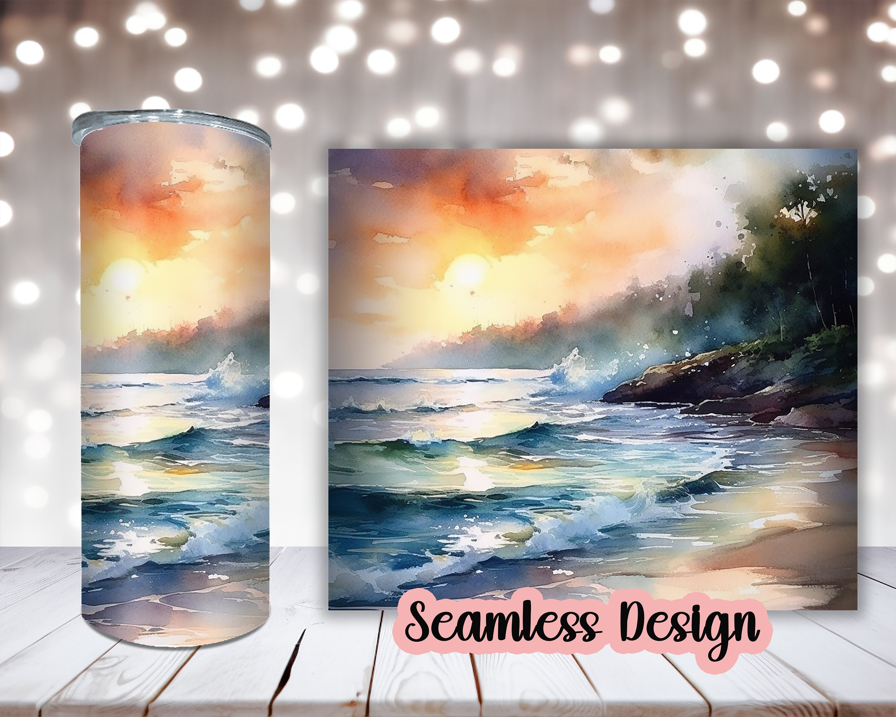 Watercolor Beach Sunrise Wrap Tumbler Sublimation Design - Etsy