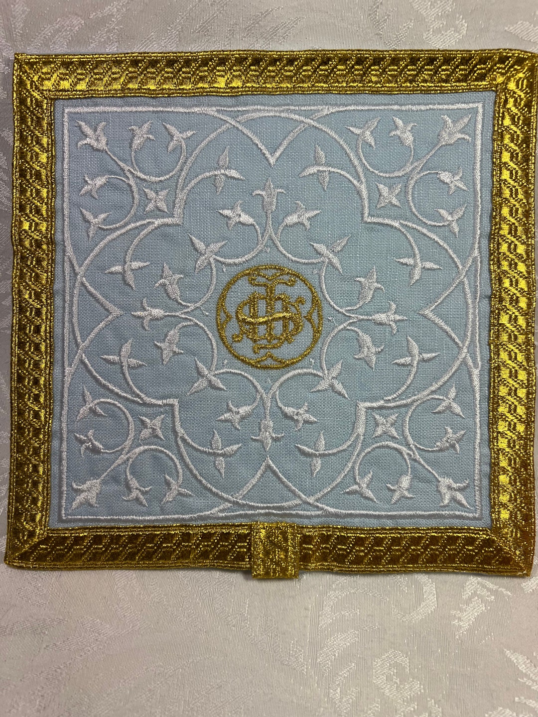 Chalice Pall, Light Blue Linen, IHS, Linen, Ecclesiastical Trim, White ...