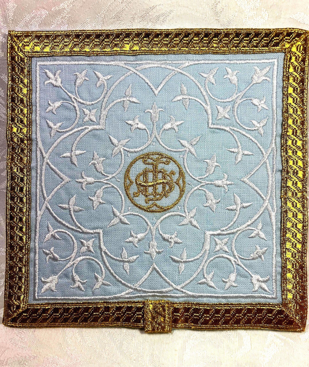 Chalice Pall, Light Blue Linen, IHS, Linen, Ecclesiastical Trim, White ...