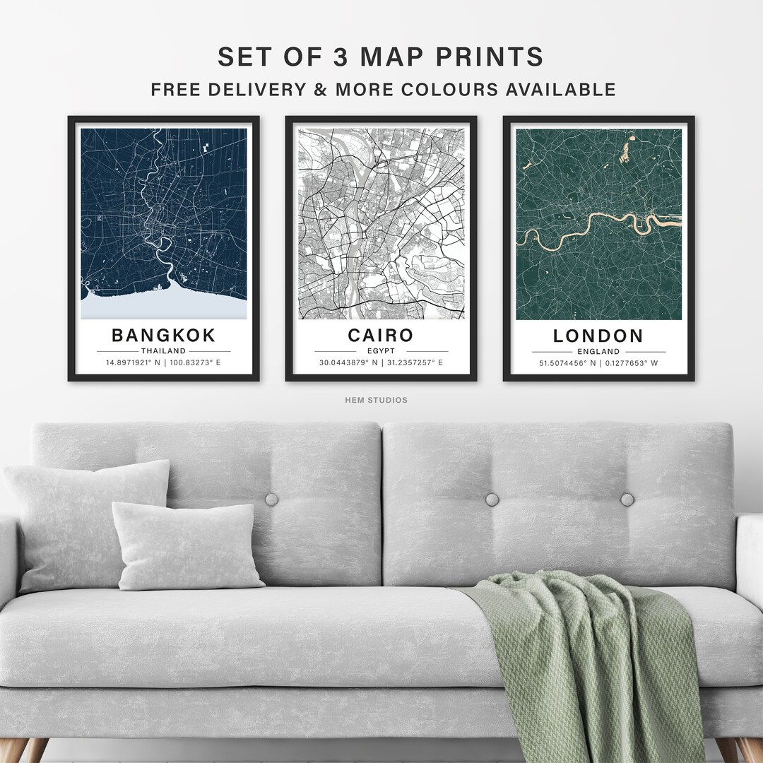 Set of 3 Custom Map Prints - Any Location - City Print - Wall Art ...