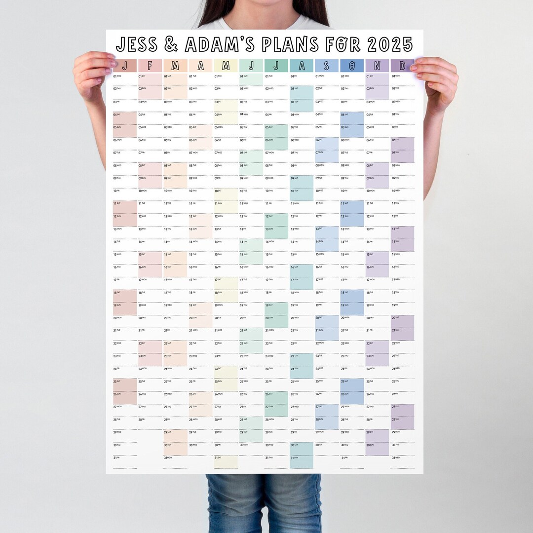 2025 Colourful Wall Planner - Personalised A2 or A1 Wall Calendar ...