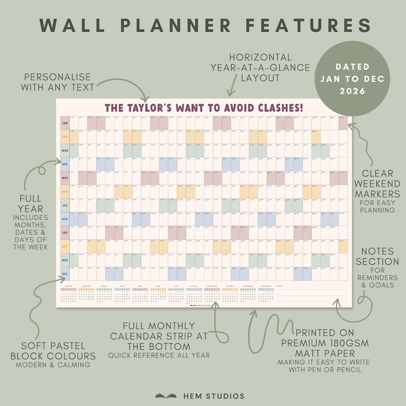 Personalised Wall Planner | 2026, 2027 or 2028 | A1/A2 Horizontal Year ...