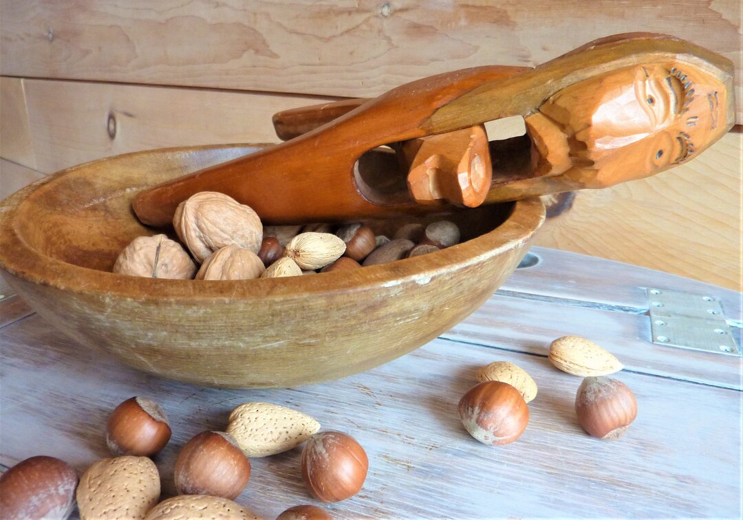 Vintage Hand Carved Wooden Nutcracker and Bowl Set, Folk Art Wooden ...
