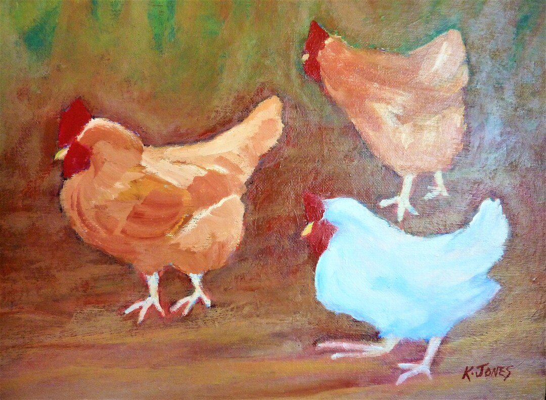 Farmhouse Chickens, Original Acrylic Painting on Canvas Board, Canadian ...