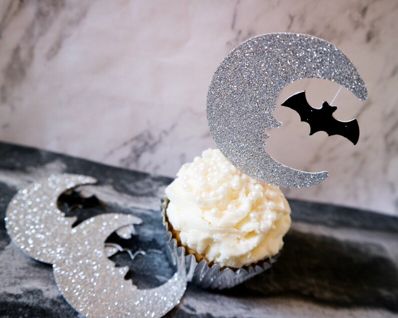 6 Moon and Bat Glitter Cupcake Toppers Halloween Spooky | Etsy UK