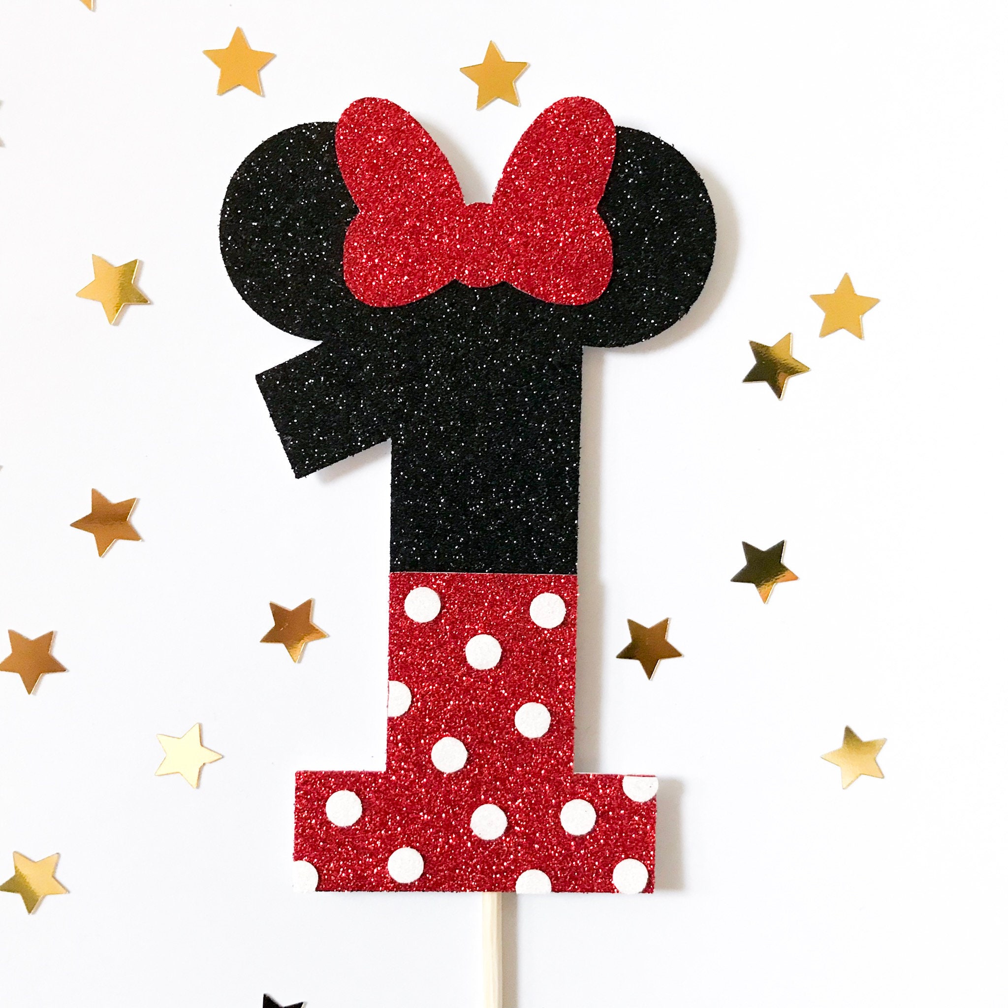 Minnie Mouse Age Glitter Cake Topper Birthday Number Bow | Etsy