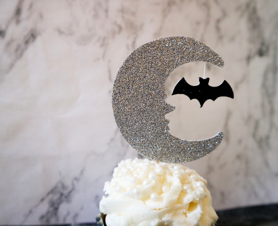 6 Moon and Bat Glitter Cupcake Toppers Halloween Spooky | Etsy UK