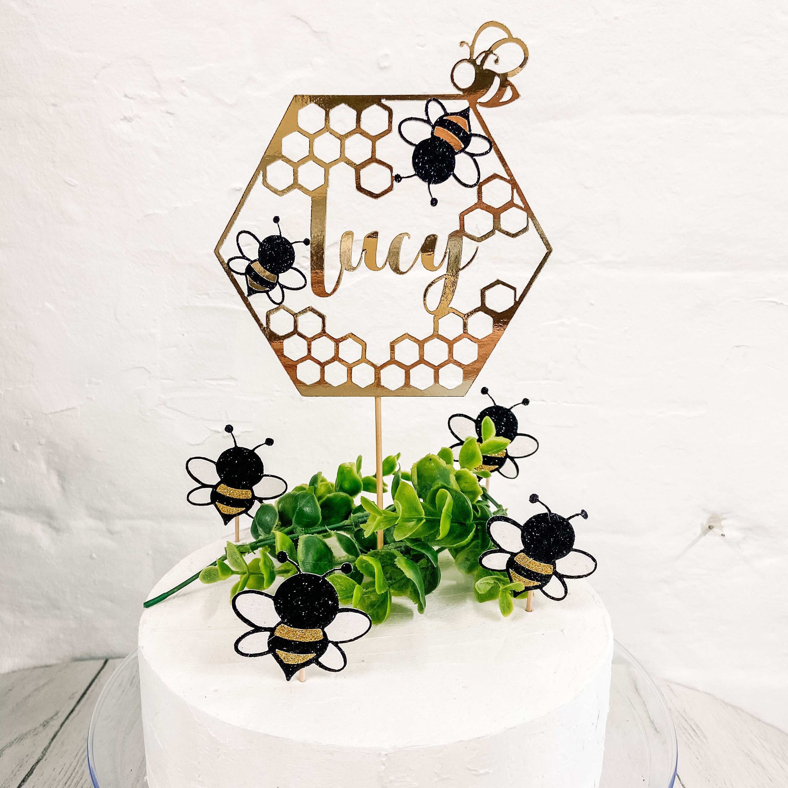 Bee Personalised Honeycomb Gold Cake Topper One Gold and | Etsy